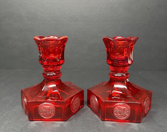 Fostoria Coin Glass Red Candle Holders Set of 2 | UV Reactive Orange ...