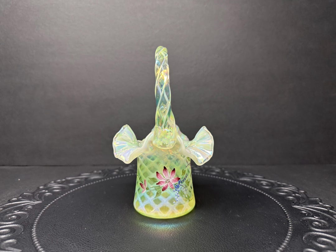 Vintage Fenton Topaz Opalescent Trellis Diamond Optic Glass Basket Hand ...