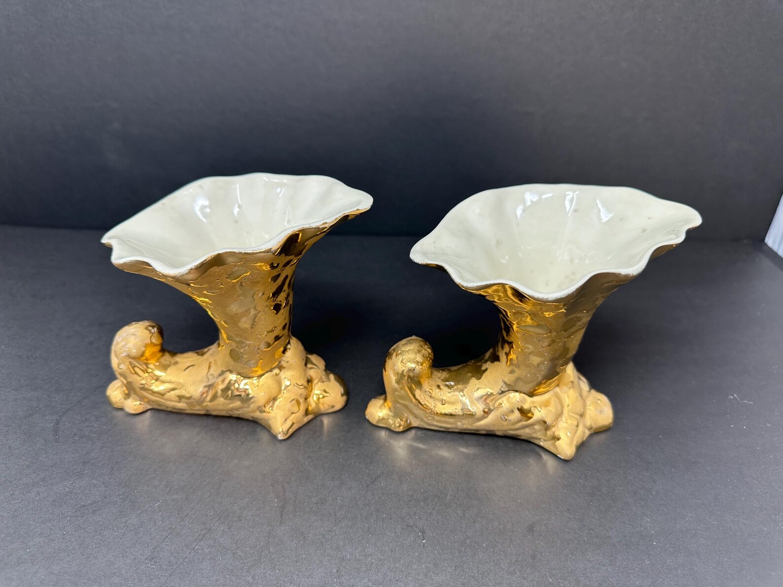 Pair of Vintage 24K Gold Decorated Cornucopia Planters - 5 Inches Tall ...