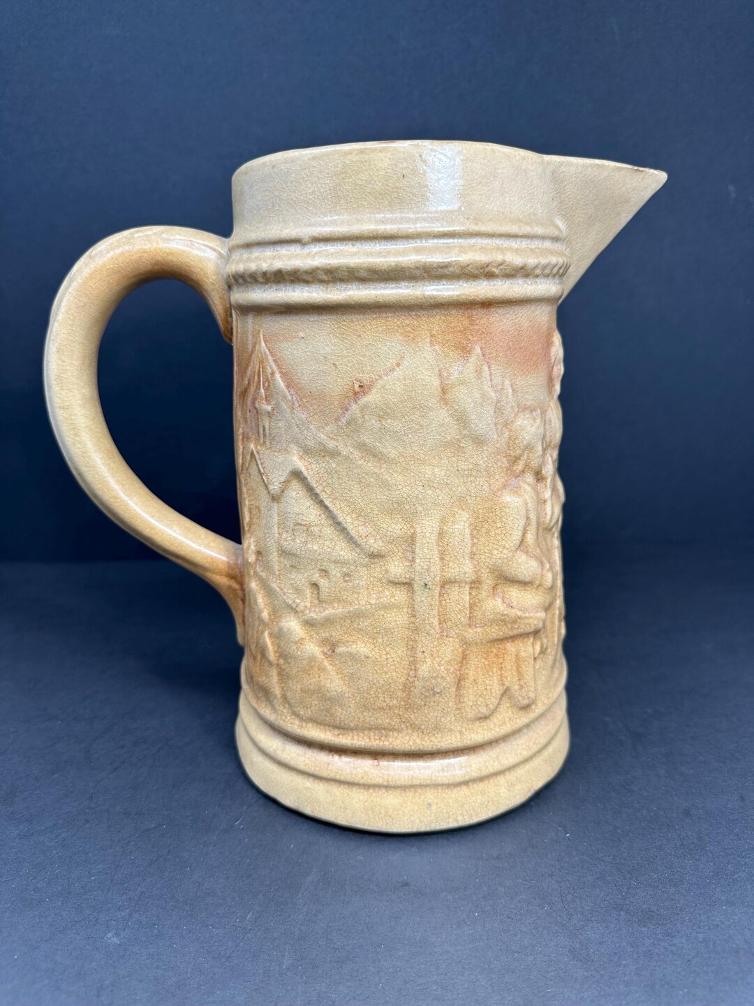 Antique 1920s Hull Pottery Stoneware Pitcher – Embossed Tavern Scene, 9 ...