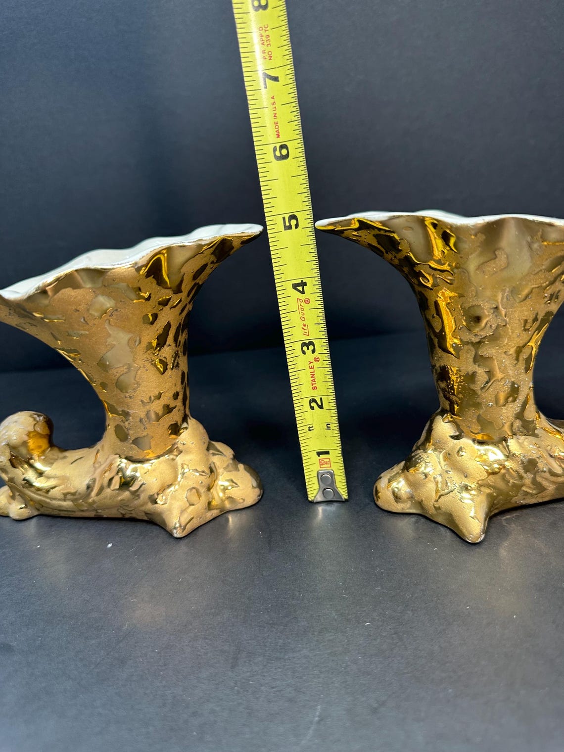 Pair of Vintage 24K Gold Decorated Cornucopia Planters - 5 Inches Tall ...