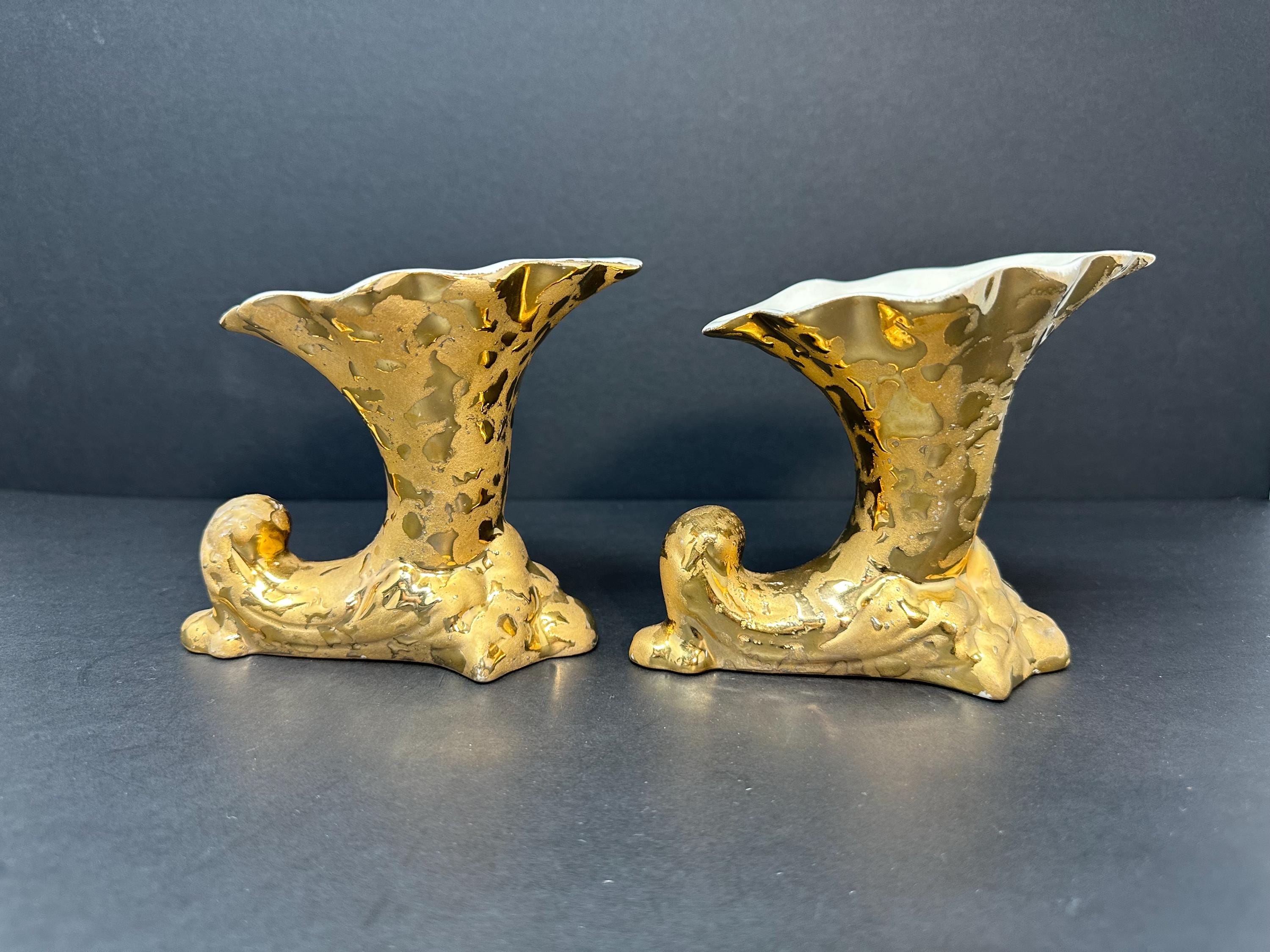 Pair of Vintage 24K Gold Decorated Cornucopia Planters - 5 Inches Tall ...