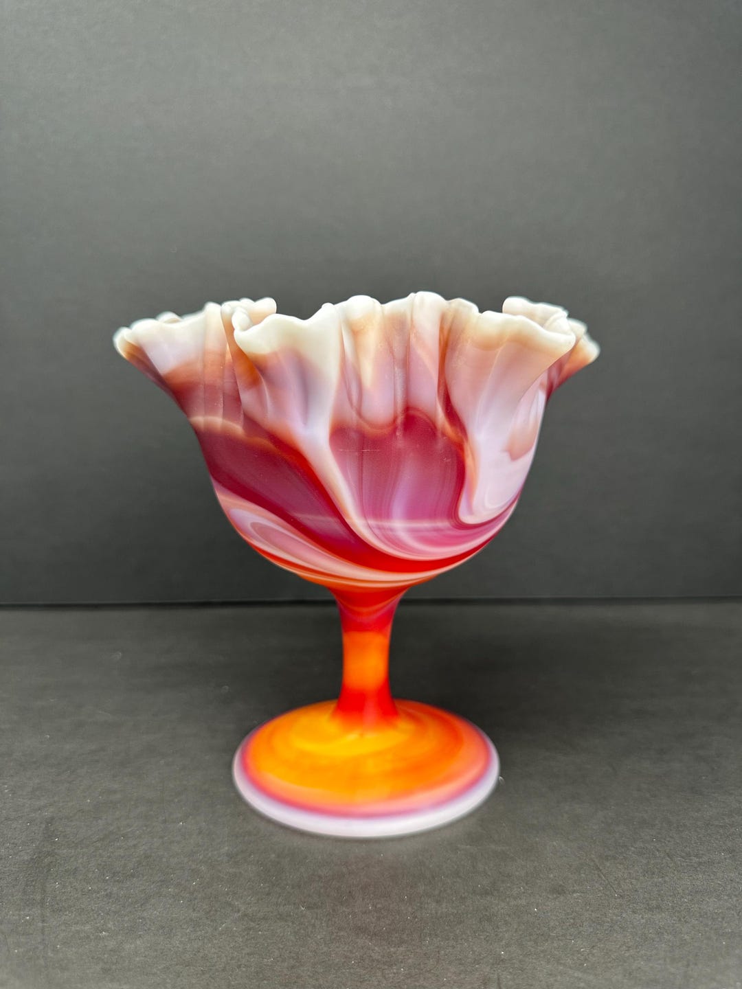 Imperial Glass Satin Slag Glass Compote – Vibrant Swirled Orange and ...