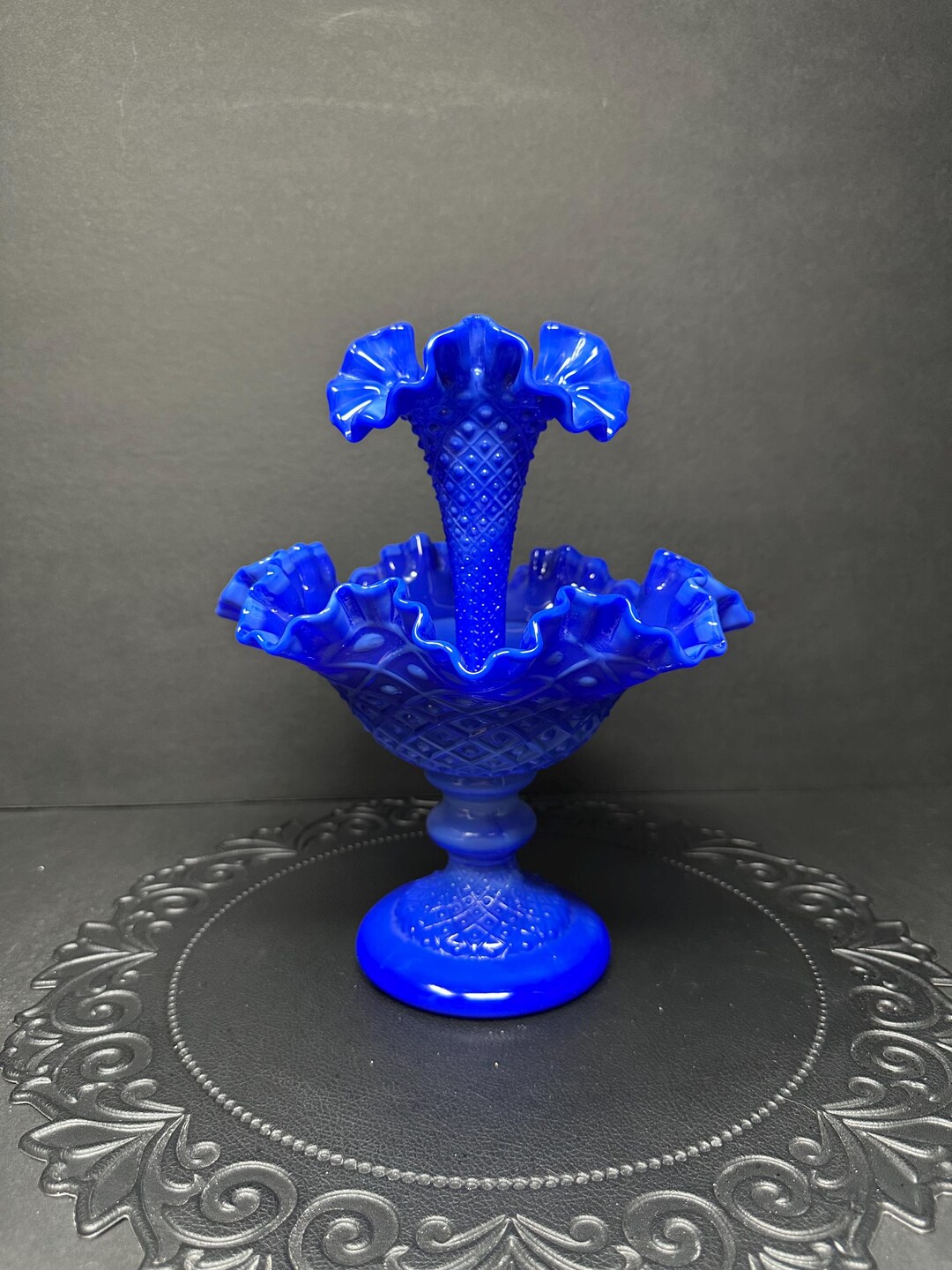 Vintage Fenton Periwinkle Blue Glass 4802-P2 Single Horn Epergne ...