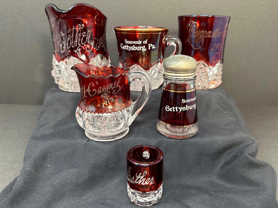 Antique Ruby Stained EAPG Souvenir Glass Set, PA Souvenirs, King’s ...