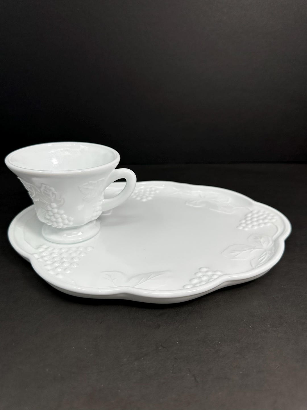 Indiana Colony Milk Glass Snack Plate and Cup Set - Elegant Grapevine ...