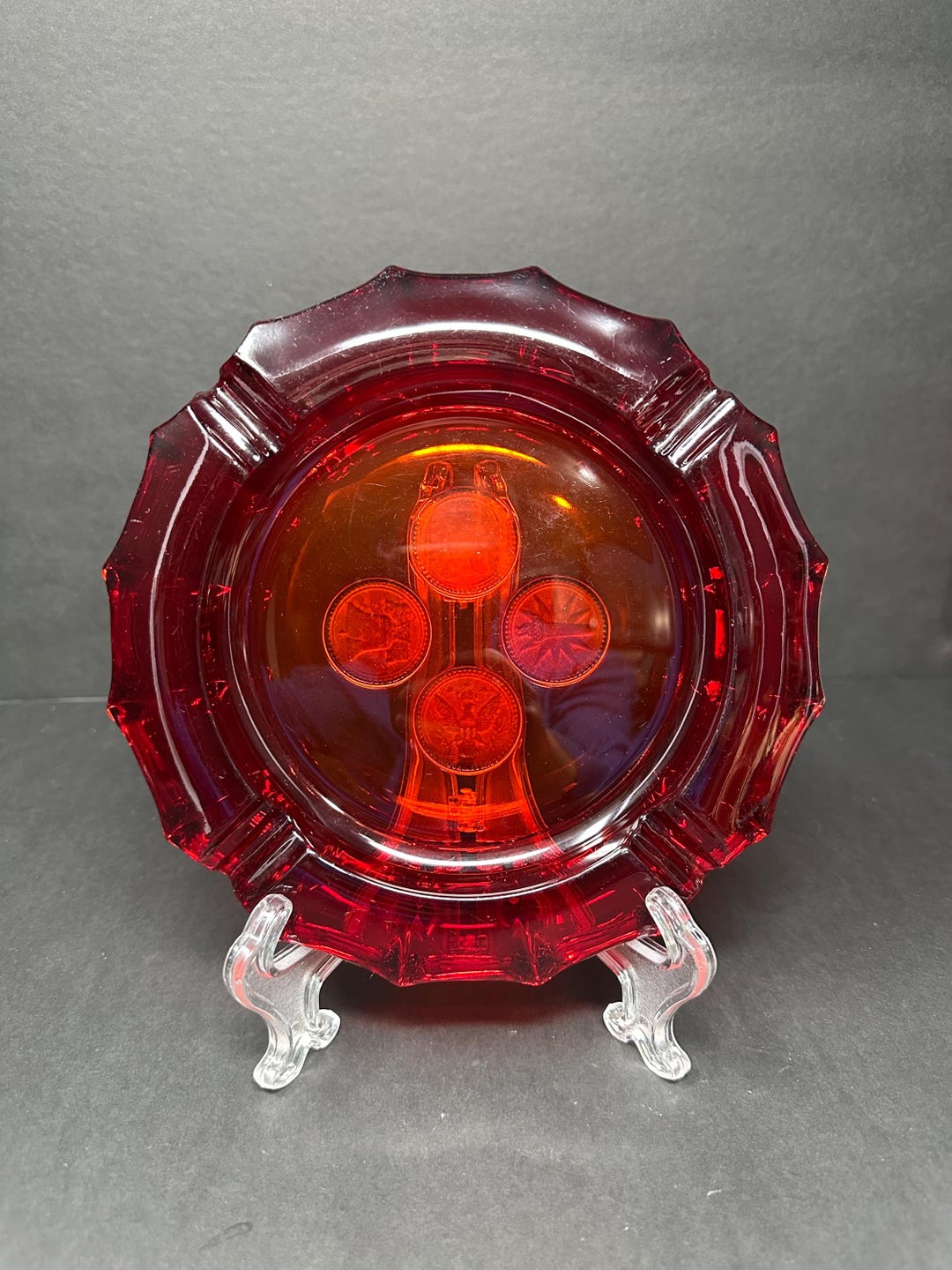 Fostoria Coin Glass Red Ashtray 8-inch Vintage Glassware With UV ...