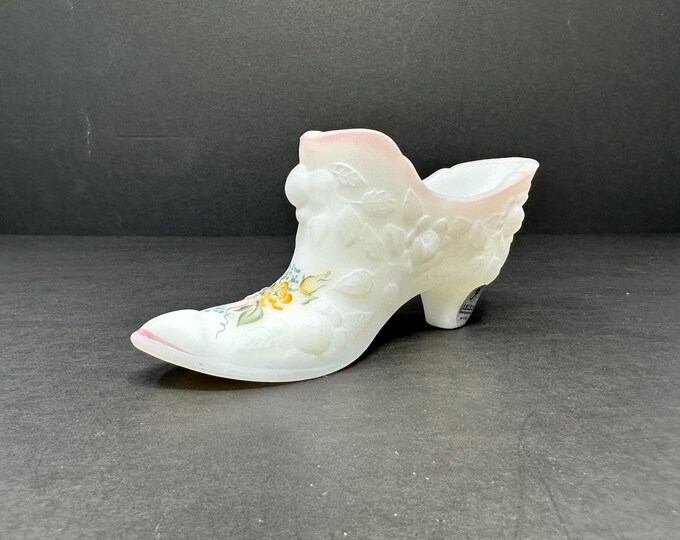Fenton Hand-painted White Satin Glass Shoe - Embossed Rose Design With ...
