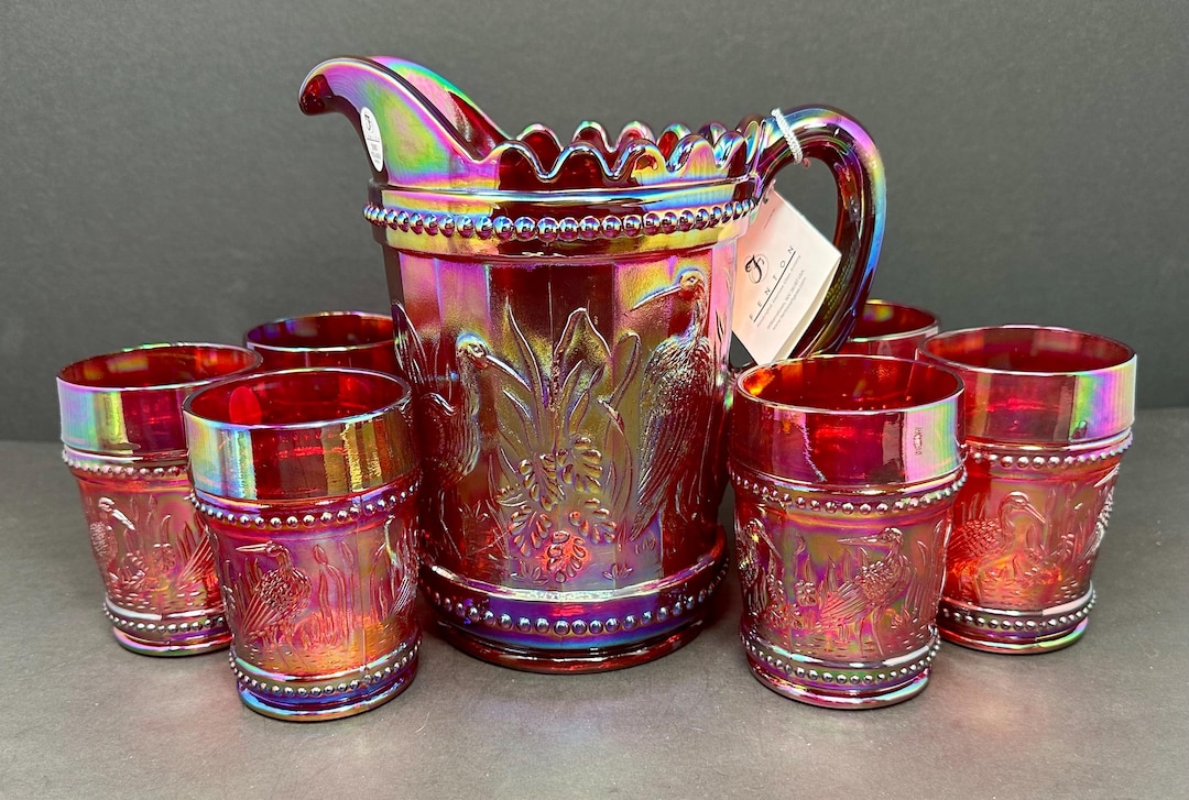 Rare Fenton Red Carnival Glass Water Set, Stork and Rushes Pattern ...