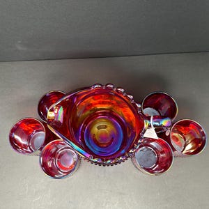 Rare Fenton Red Carnival Glass Water Set, Stork and Rushes Pattern ...