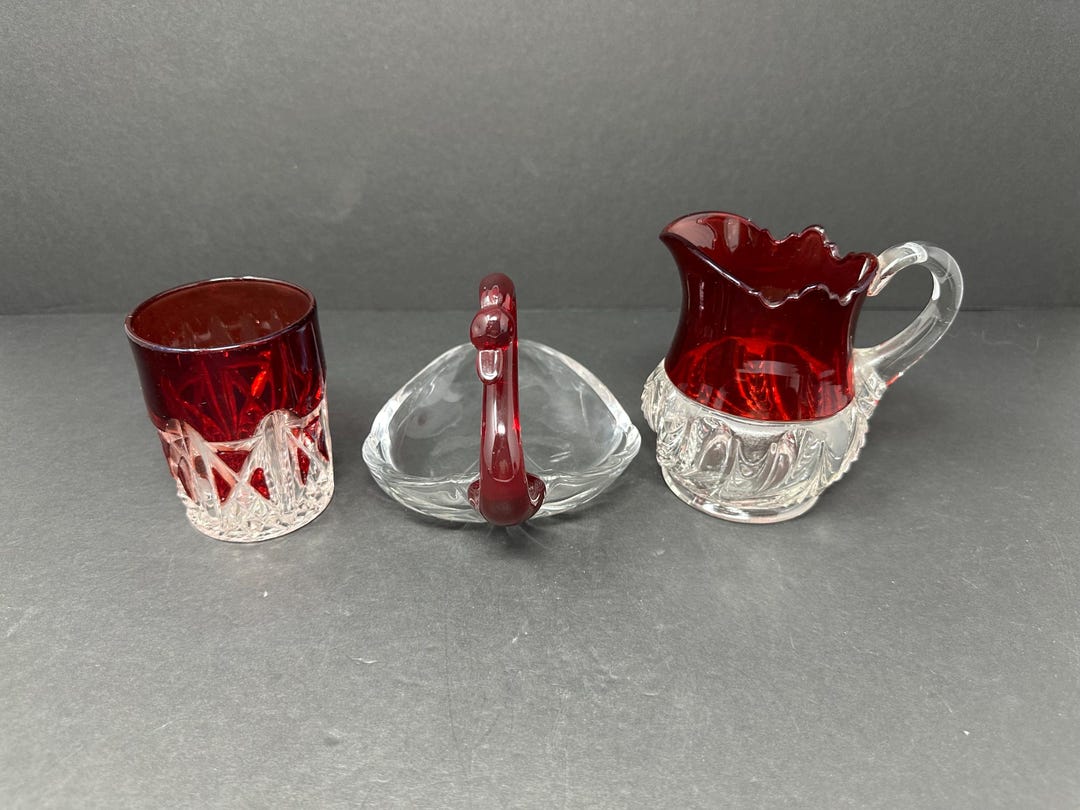 Vintage Ruby Flash Glass Set - Swan Bowl, Mini Pitcher, and Small Cup ...