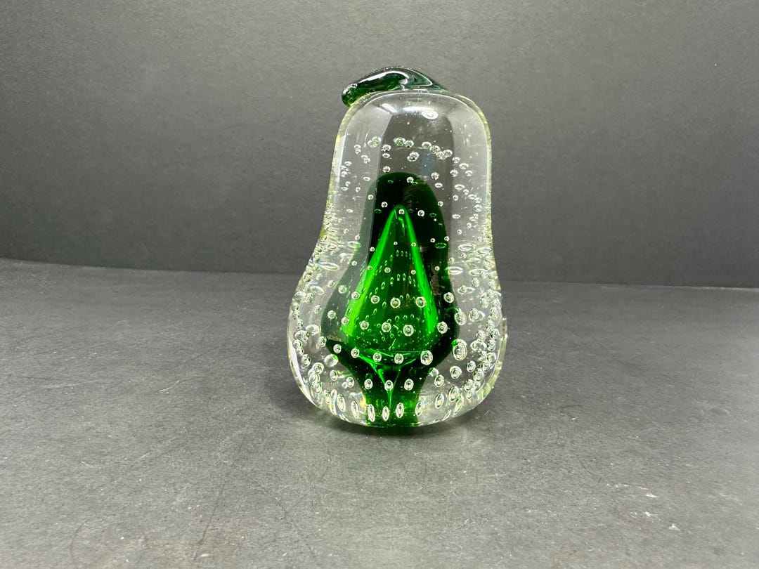 Hand Blown Glass Pear Paperweight, 3.75” Green Bubble Art Glass, Unique ...