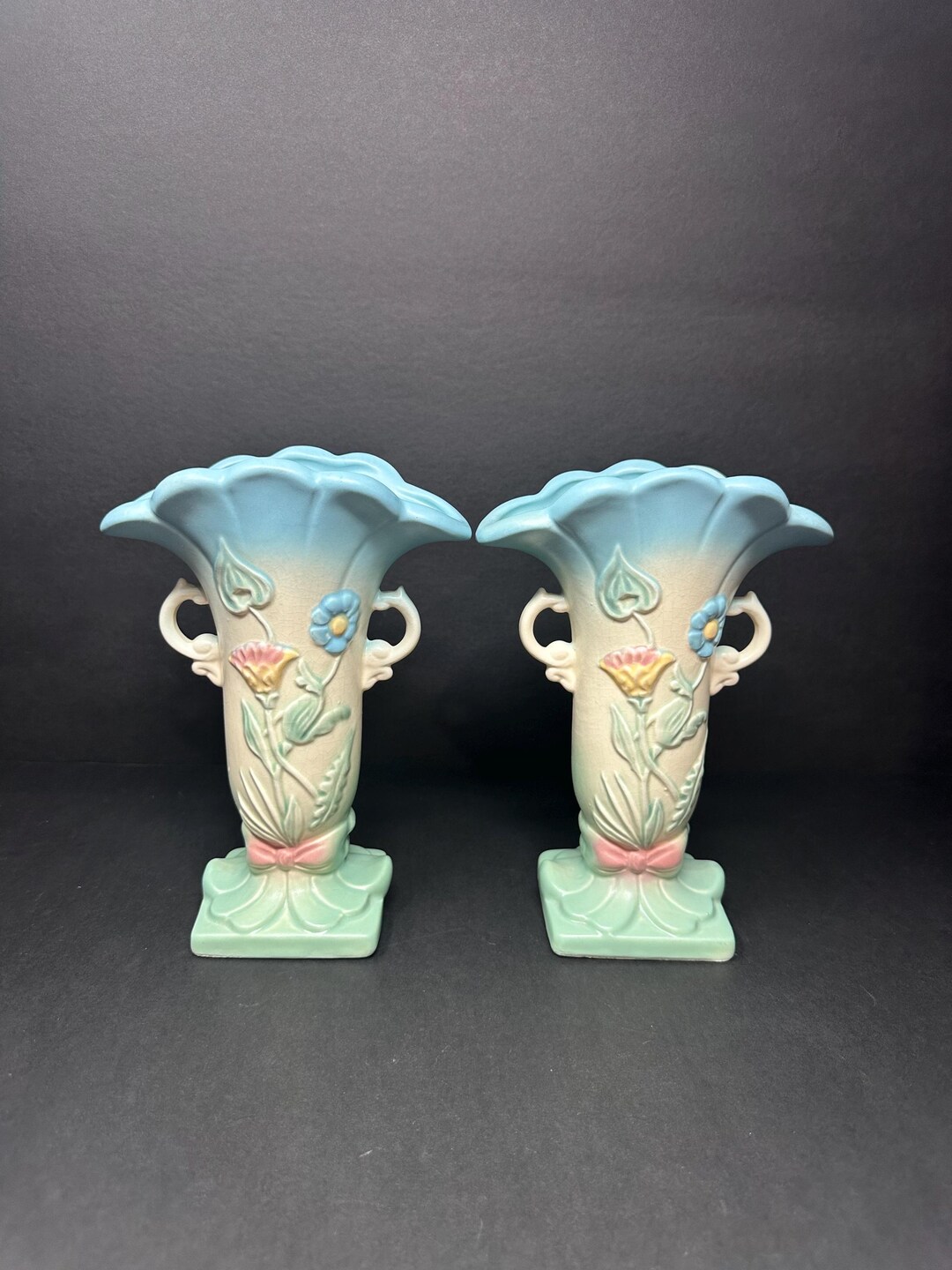 Extremely Rare Hull Bowknot Double-handled Vases – Identical 8.5-inch ...