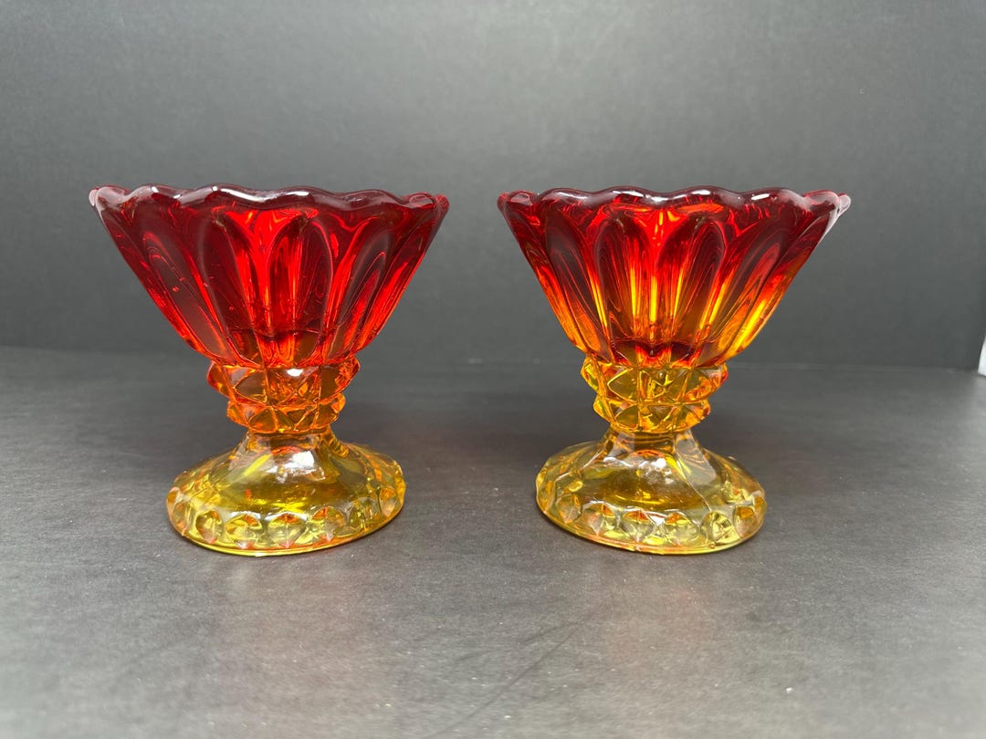 Pair of Mid-century Pilgrim Glass Amberina Candle Holders With Vibrant ...