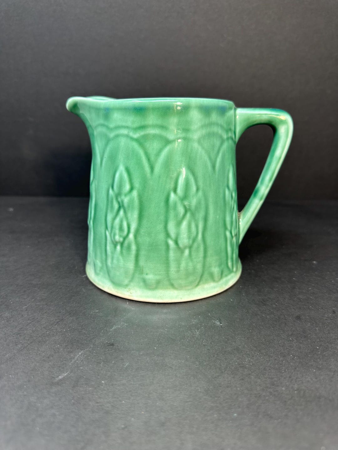 Early Unmarked Mccoy Pottery Green Pitcher, 5 Tall Embossed Art Deco ...