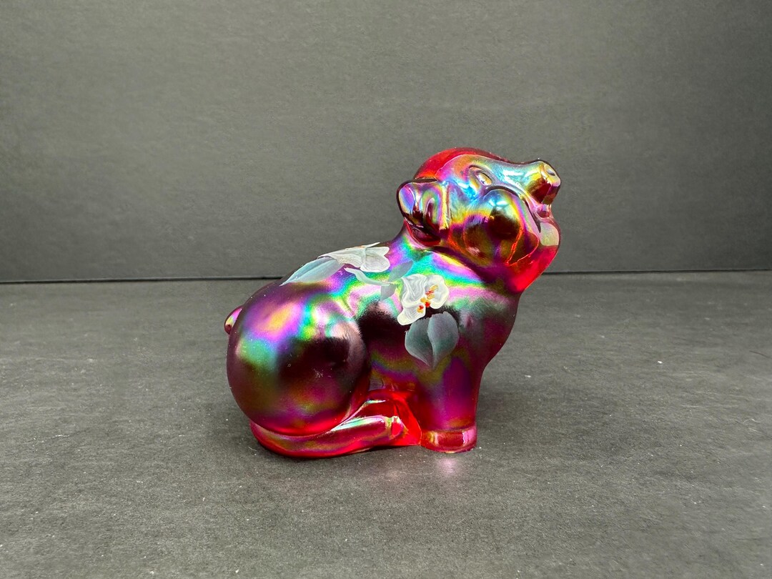 Rare Fenton 5220-RC Damask Rose Red Carnival Glass Pig Figurine UV ...