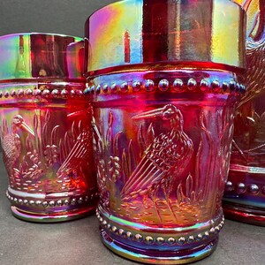 Rare Fenton Red Carnival Glass Water Set, Stork and Rushes Pattern ...