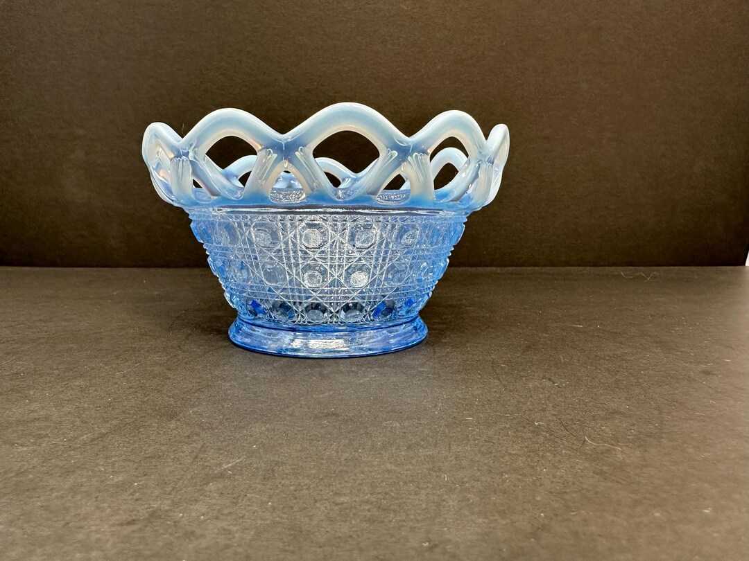 Vintage Imperial Glass Katy Blue Bowl - 5” Open Lace Edge, Pressed ...