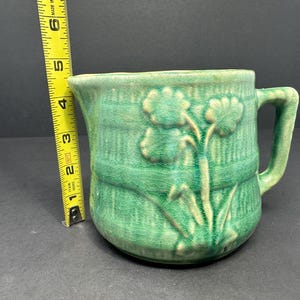 Vintage Green Pottery Pitcher With Embossed Floral Design, Early ...