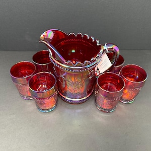 Rare Fenton Red Carnival Glass Water Set, Stork and Rushes Pattern ...