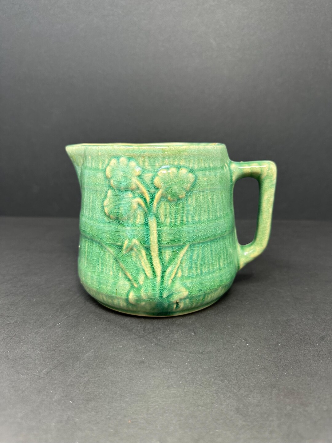Vintage Green Pottery Pitcher With Embossed Floral Design, Early ...