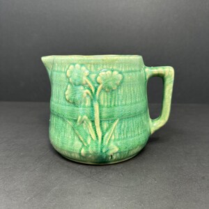 Vintage Green Pottery Pitcher With Embossed Floral Design, Early ...