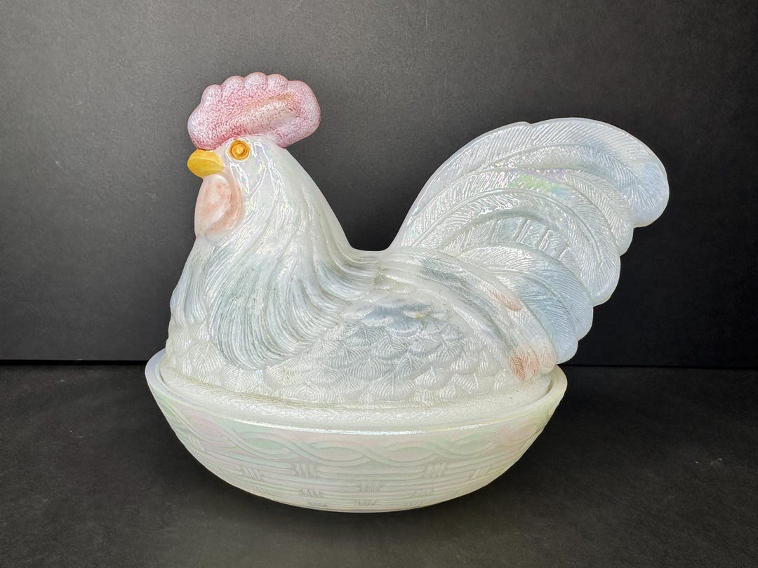 Vintage Fenton 4680-BT Opal Iridescent Rooster on Nest 7-inch Hand ...