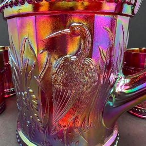 Rare Fenton Red Carnival Glass Water Set, Stork and Rushes Pattern ...