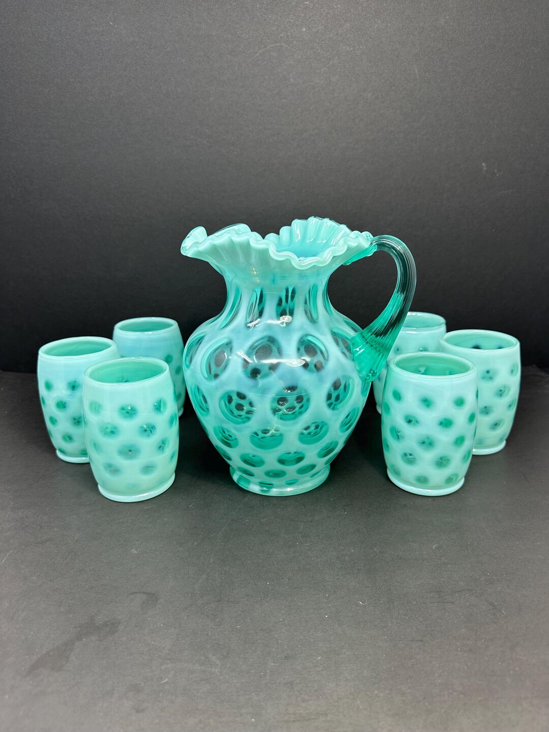 Insanely Rare Fenton Art Glass Aqua Coin Dot Pitcher Set, 8.25 ...