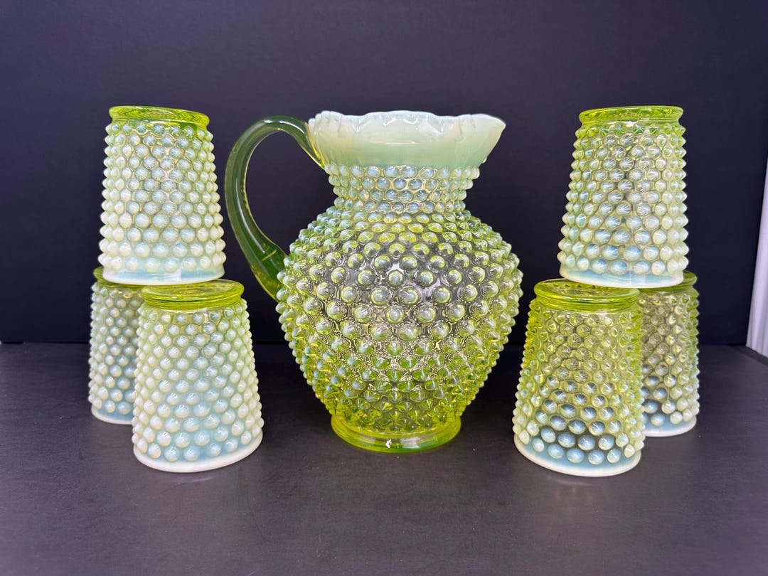 Radiant Fenton Topaz Opalescent Hobnail Pitcher and Tumbler Set Rare ...