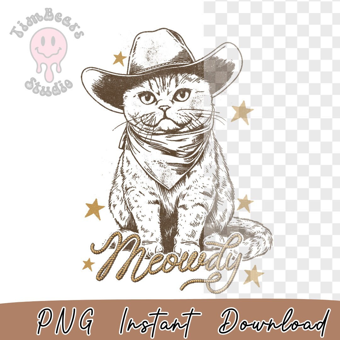 Meowdy Western Cat PNG Graphic Cowboy Cat PNG - Retro Western PNG ...