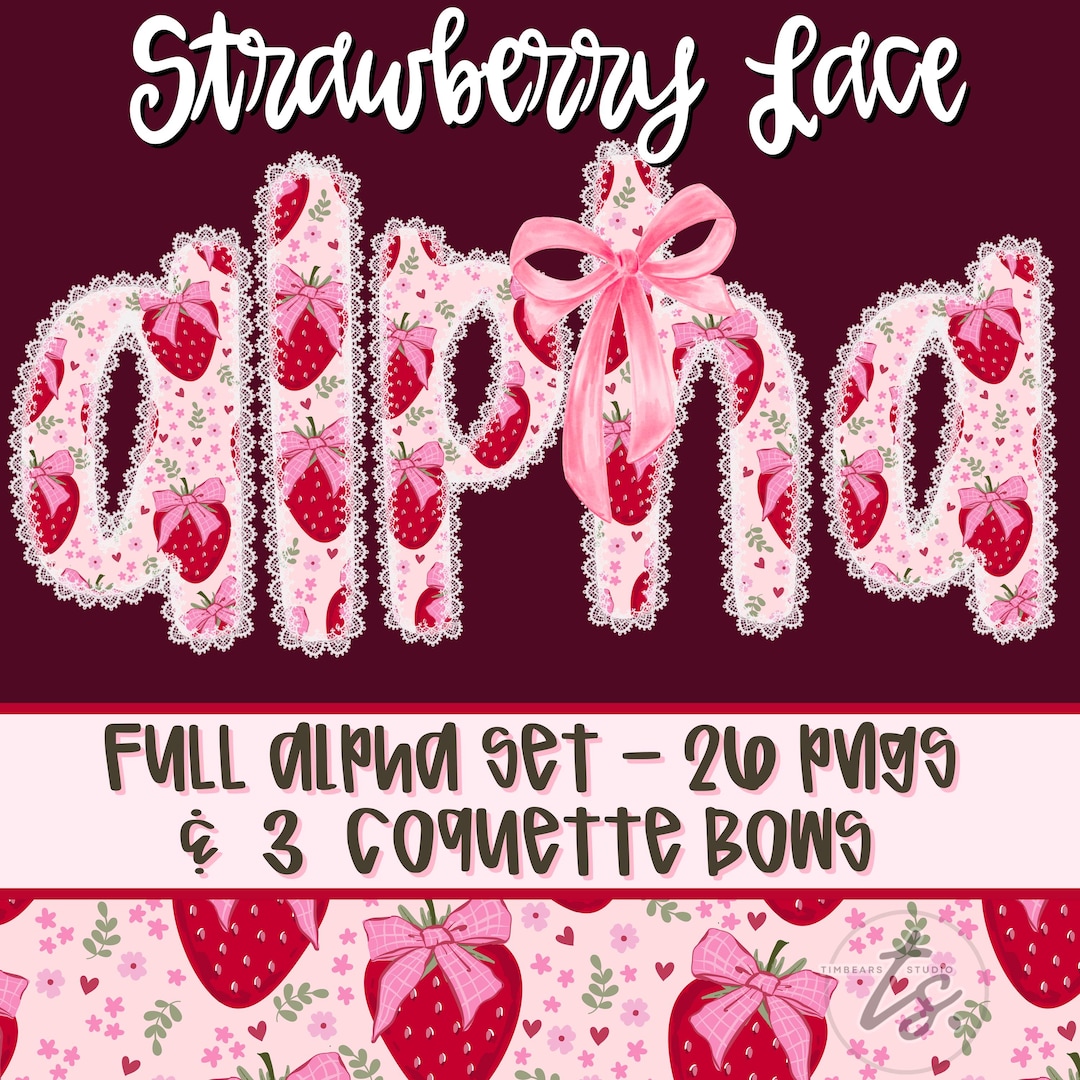 Strawberry Lace Coquette Alphabet PNG | Pink Strawberry Bow Letters A–Z ...