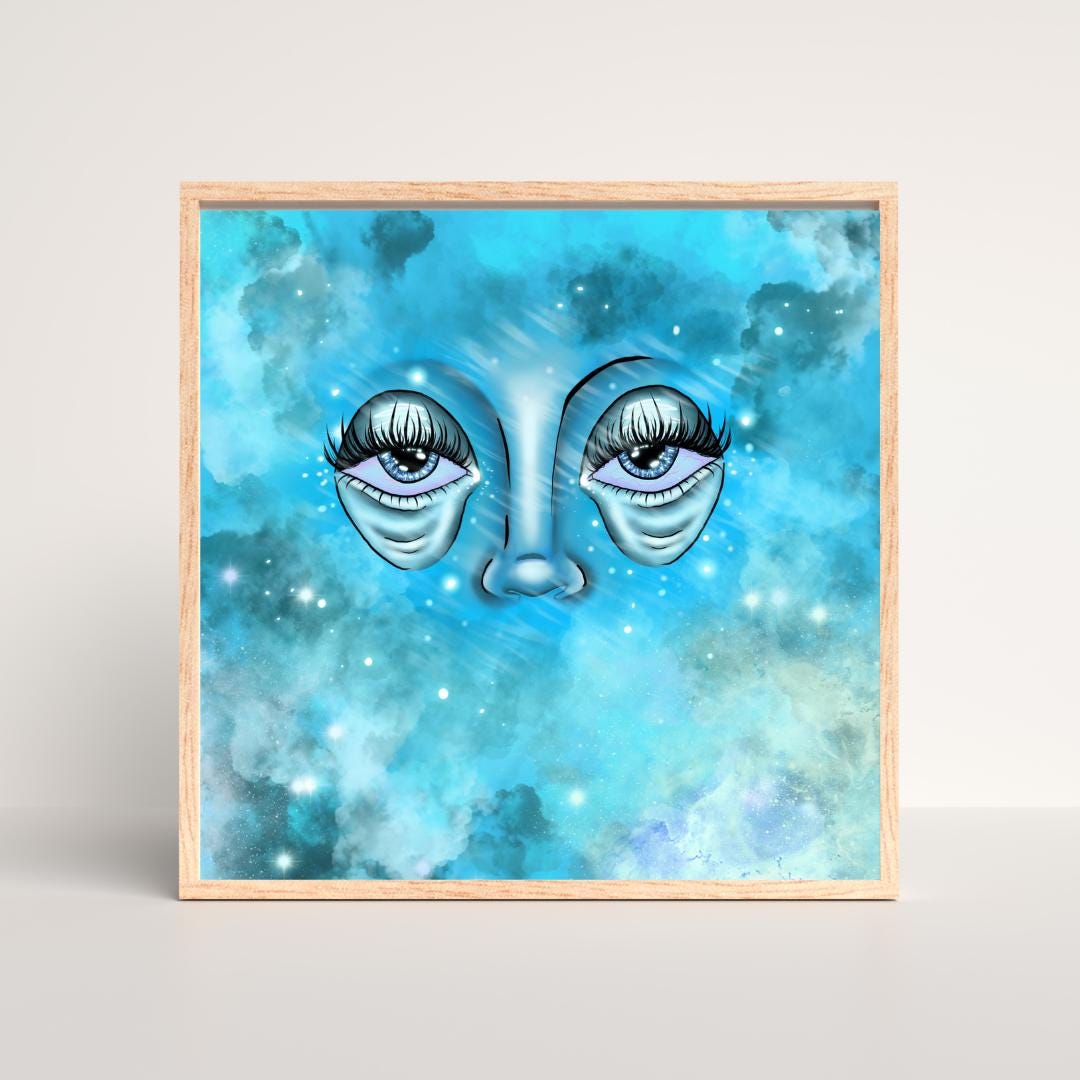 Ethereal Blue Face Art | Surreal Cosmic Portrait Print | Dreamy Fantasy ...