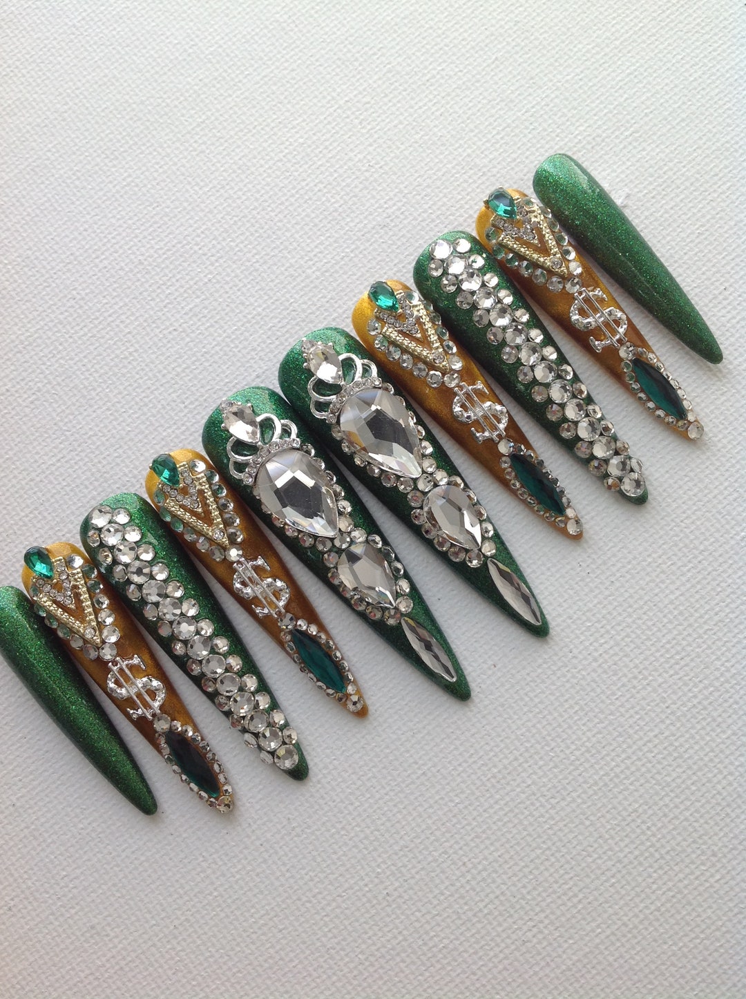 Money 4XL Stiletto Press on Nails, Green Baddie Nails, Ready to Ship ...