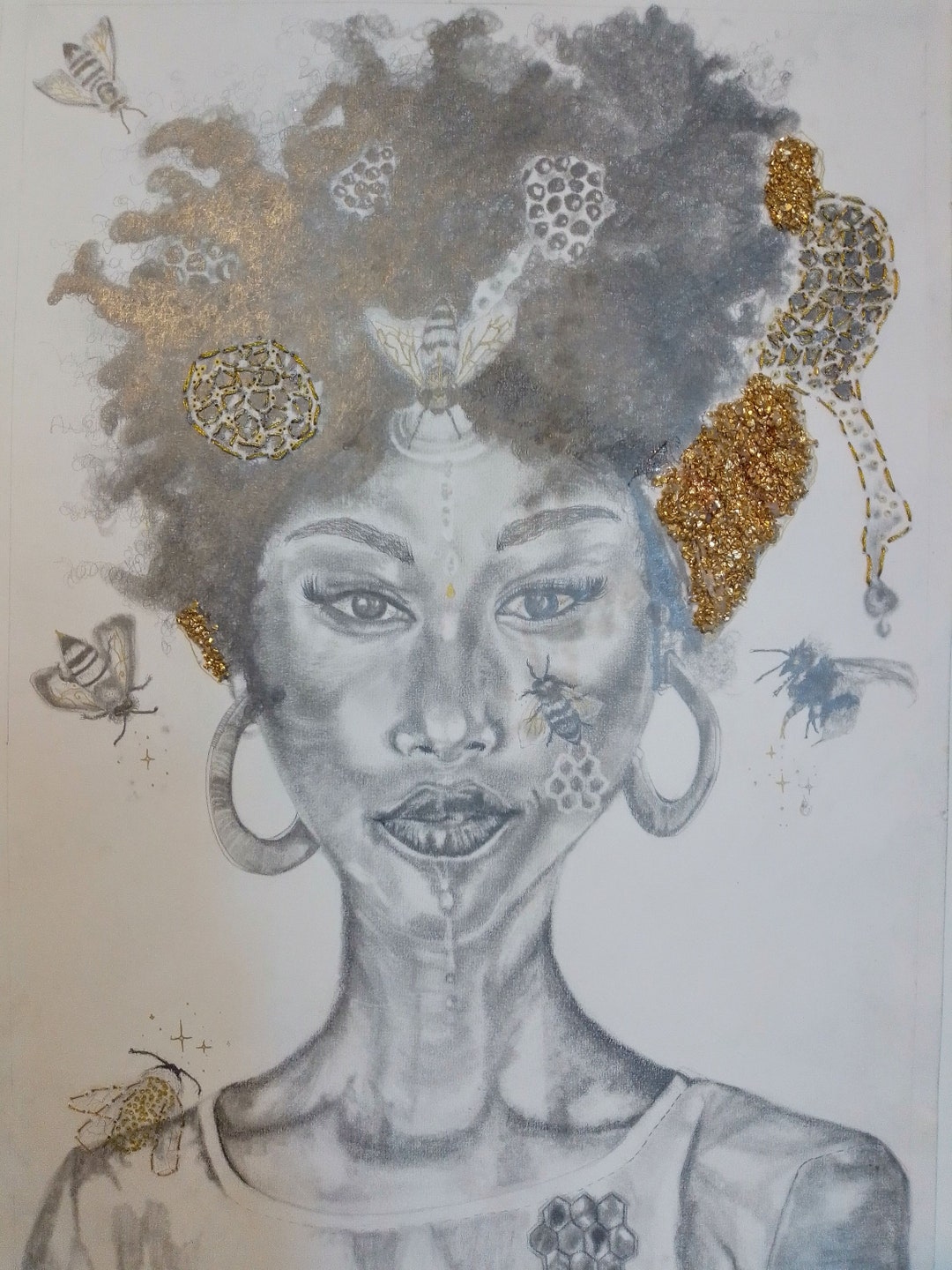Lady With Bees Drawing, Nectar Drawing, Afro American Art, Portrait of ...