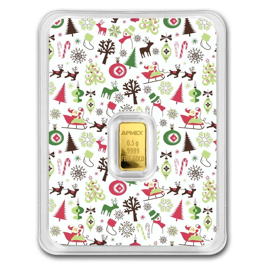 1/2 Gram .9999 Fine Gold Bullion Bar APMEX W/ Christmas Collage Card in ...
