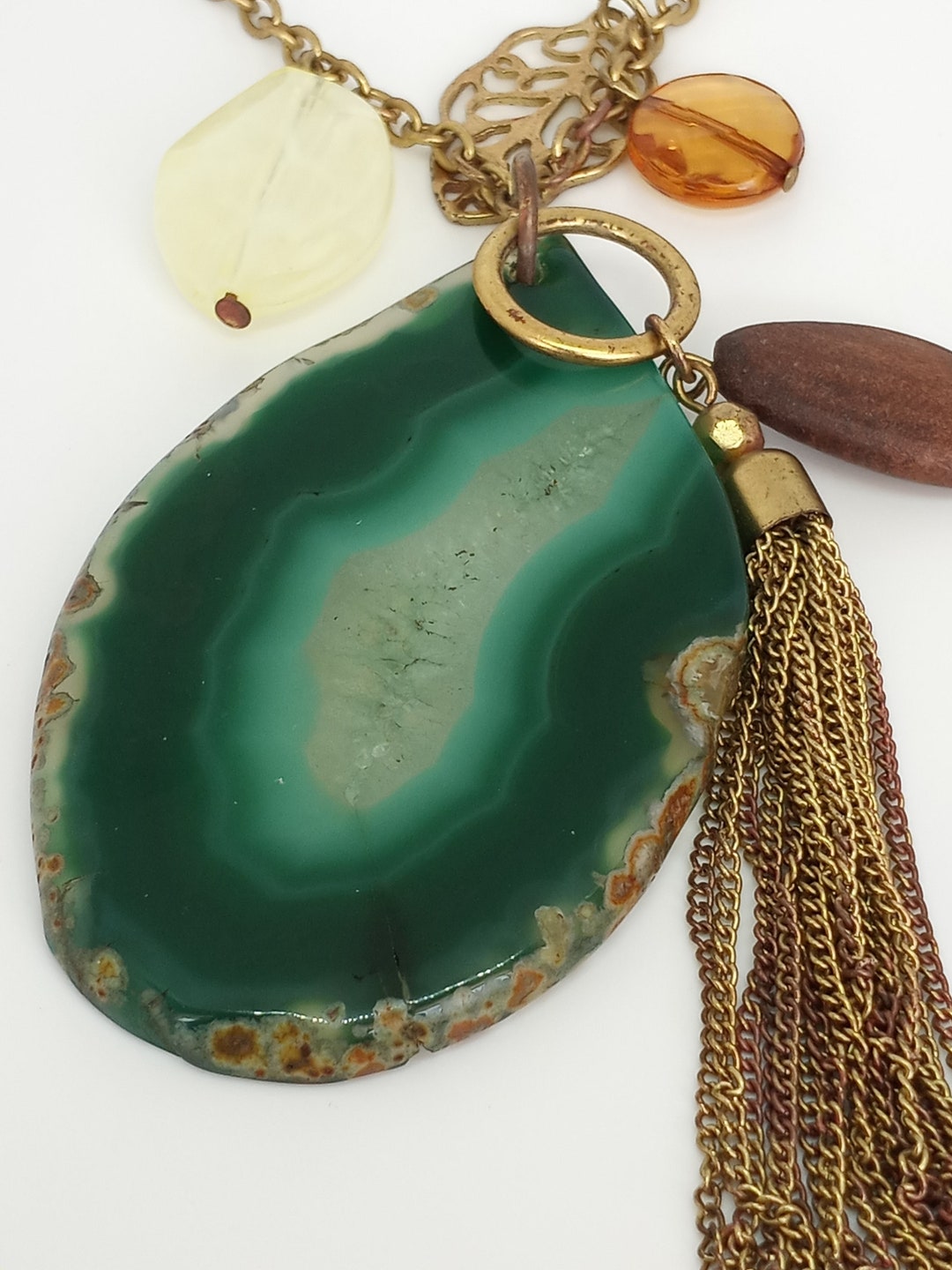 Huge Vintage 3" Natural Green Flat Cute Agate Free-form Pendant and ...