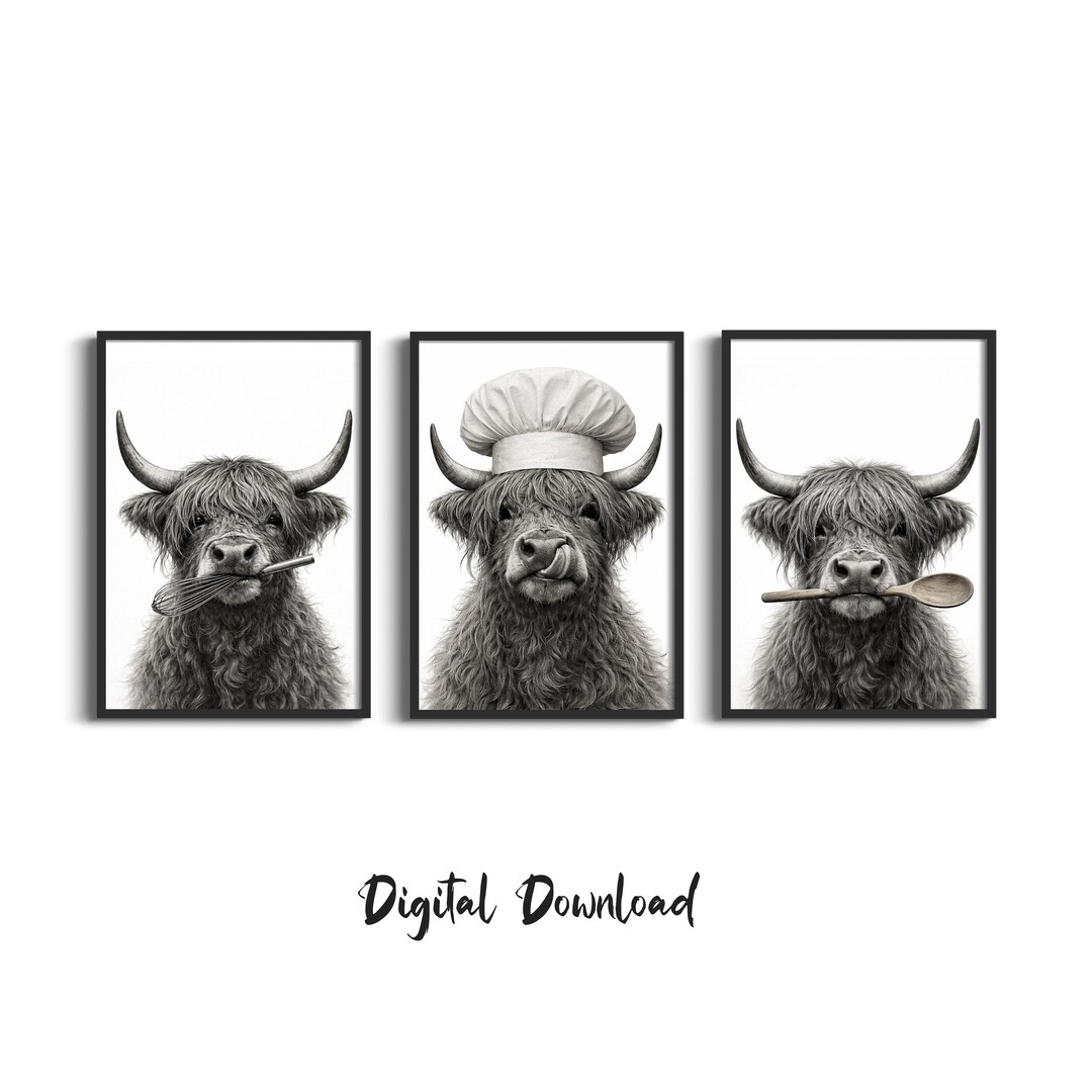 Funny Highland Cow Kitchen Prints – Set of 3 Printable | Farmhouse ...