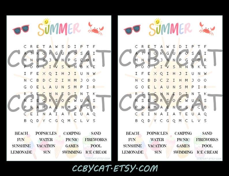 Summer Word Search Puzzle Bundle Includes Answer Sheet, Fun Summer ...