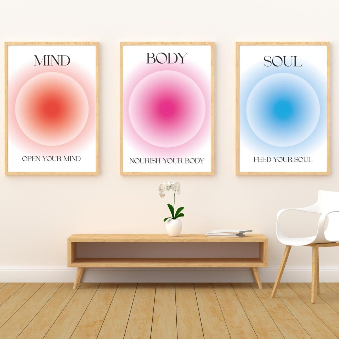 Mind Body Soul Aura Poster Set, 3-piece Wall Art, Spiritual Gradient Aura Energy Prints ...