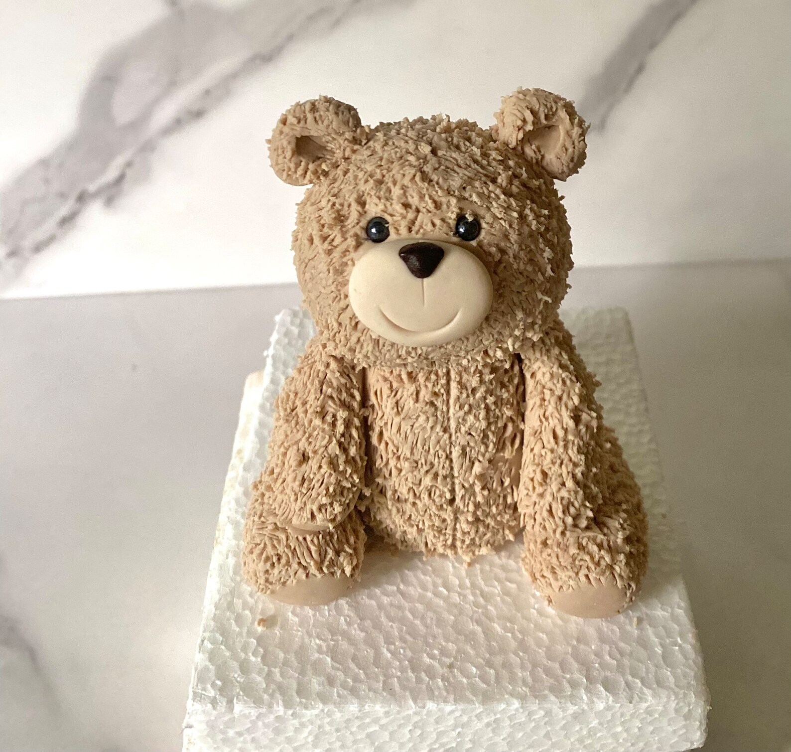Fuzzy Bear Cake Topper Fondant Beige Tan Bear Teddy Bear With Bow Cake ...