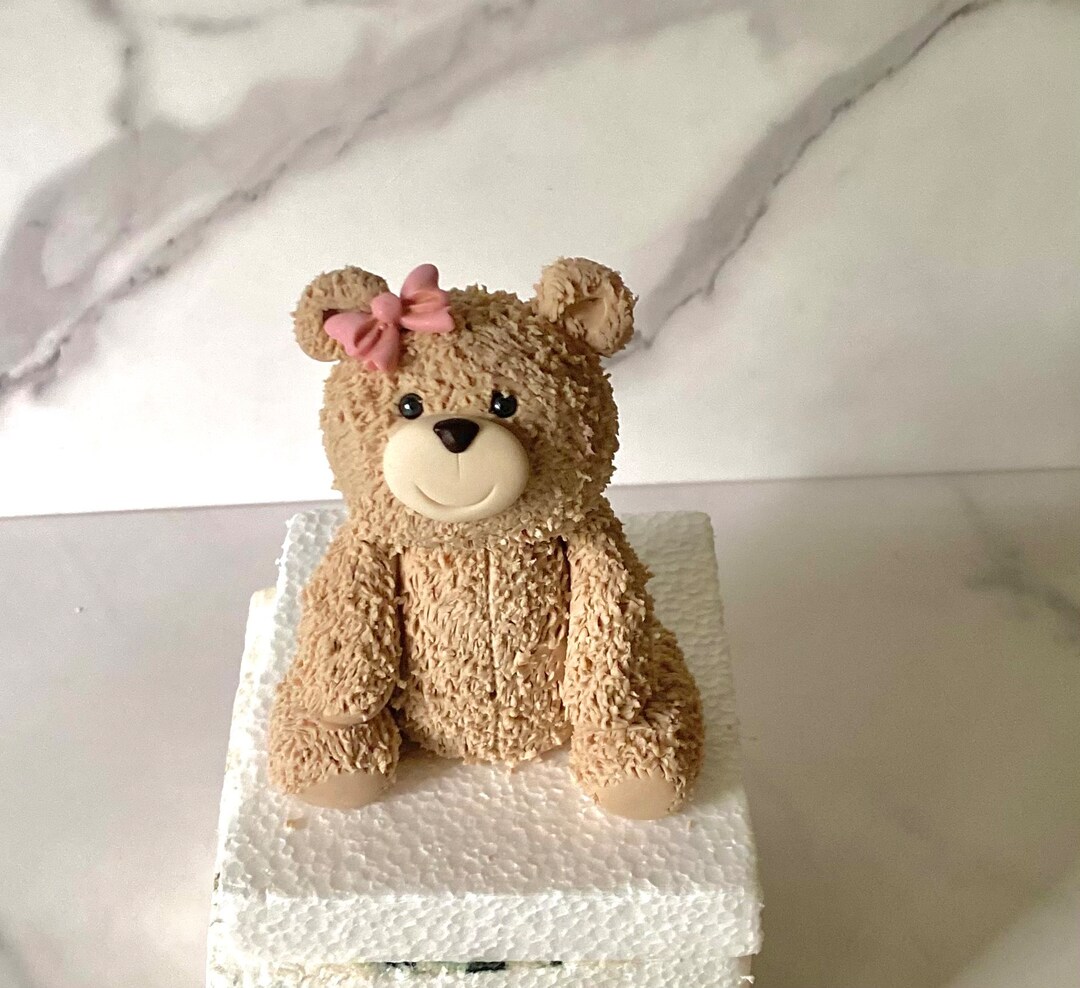 Fuzzy Bear Cake Topper Fondant Beige Tan Bear Teddy Bear With Bow Cake ...