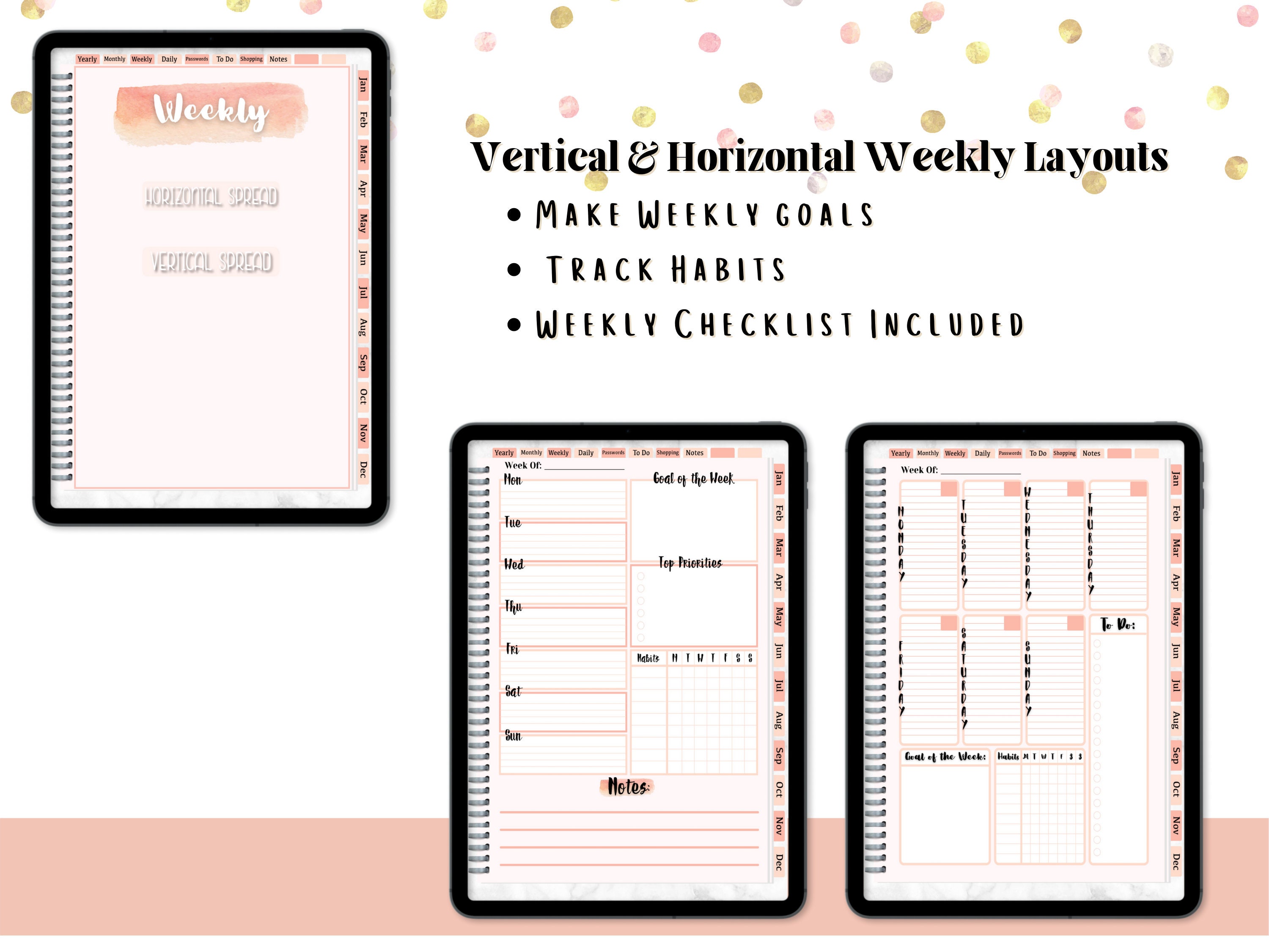Vertical Undated Pink Digital Planner, Hyperlinked PDF for Goodnotes ...
