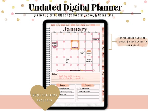 Vertical Undated Pink Digital Planner Hyperlinked PDF for | Etsy