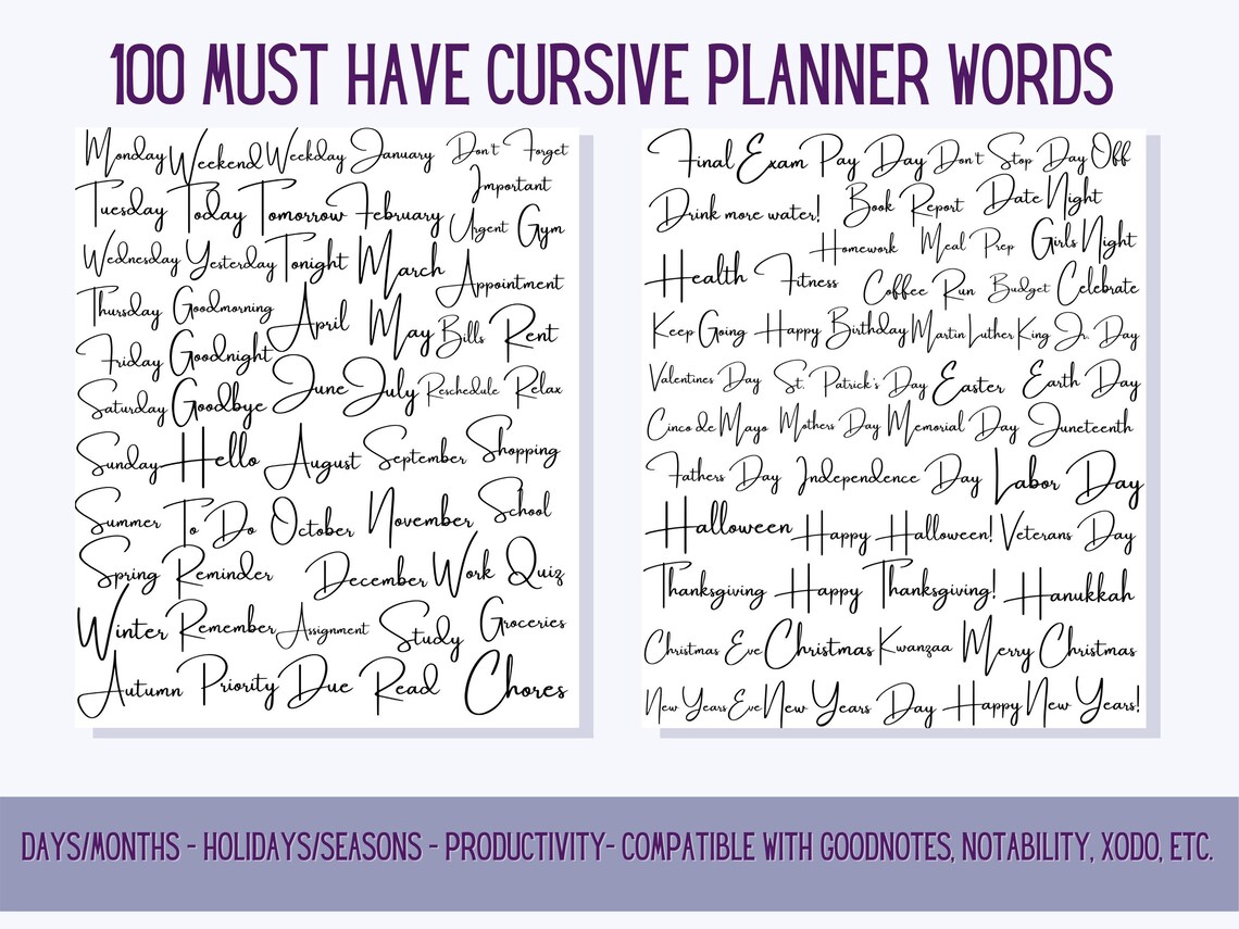 Cursive Word Digital Stickers, Pre-cropped for Goodnotes, PNG File ...