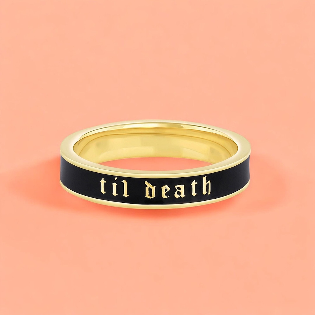 4.5mm Wide 14K Solid Gold Ring, Black Enamel Til Death Ring, Custom ...