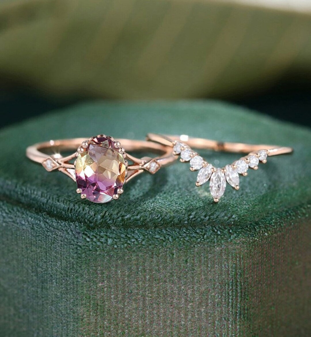 Ametrine Ring Set 14k Rose Gold Ring Birthstone Ring Set - Etsy