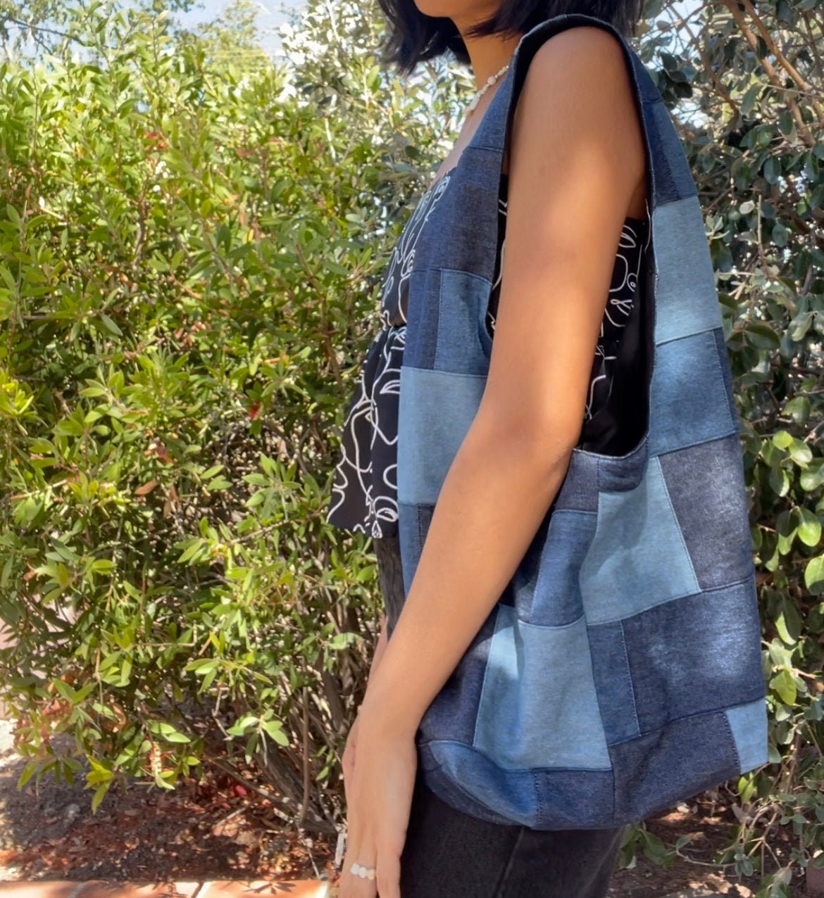 Reversible Patchwork Denim Tote Bag With a Pocket-denim Purse - Etsy