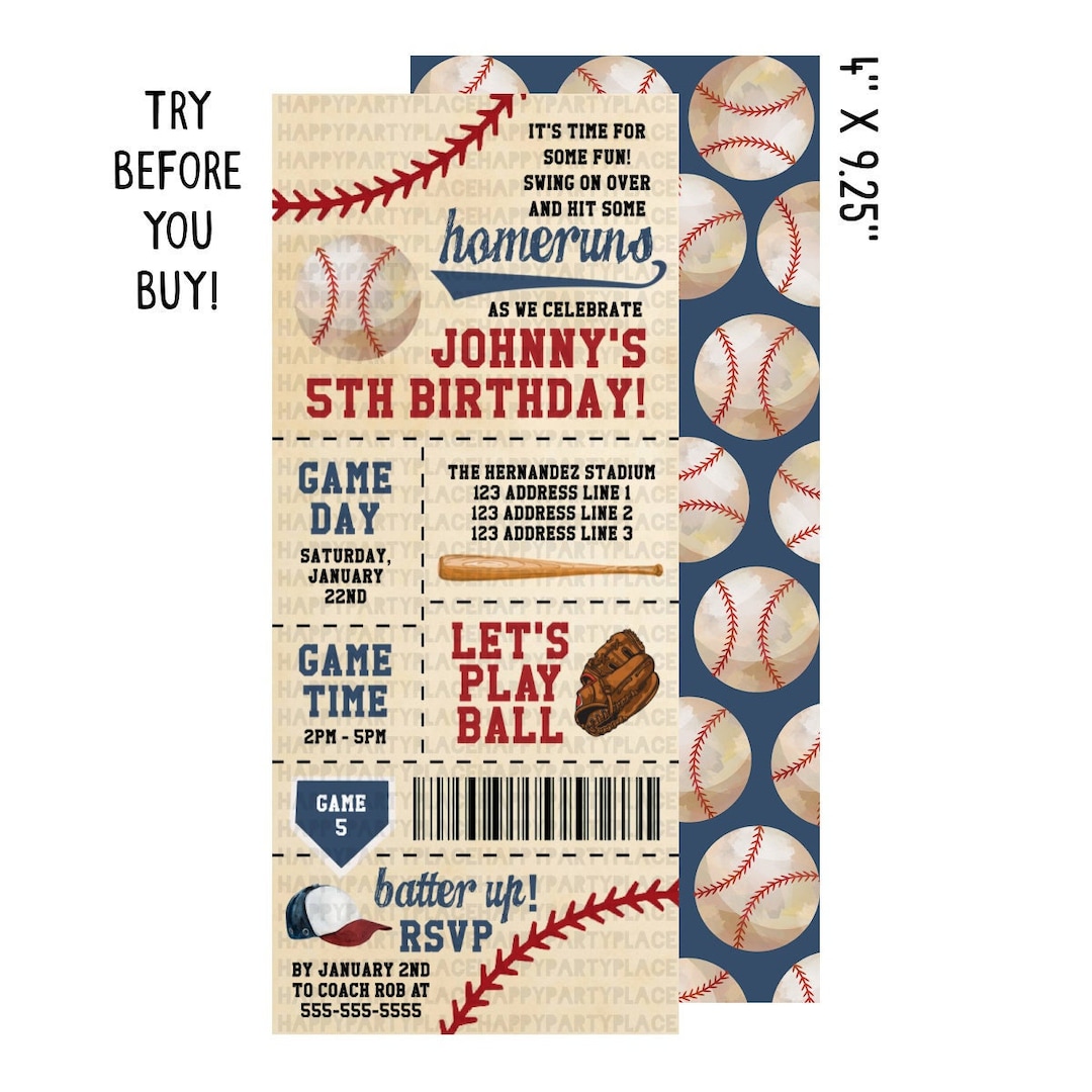 Baseball Ticket Birthday Invitation, Baseball Theme Party Invitations ...
