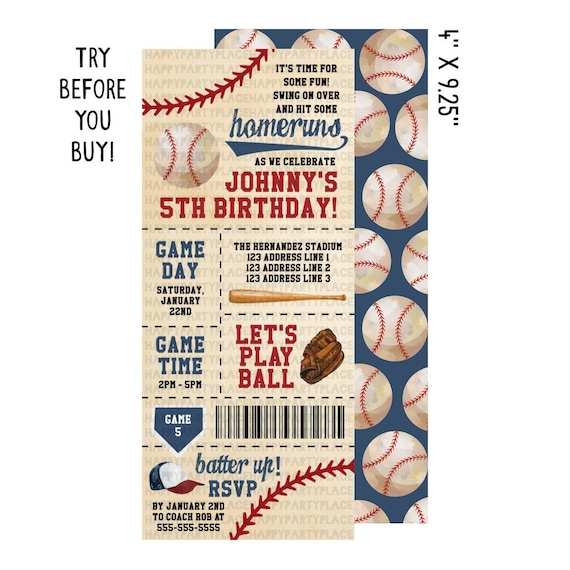 Baseball Ticket Birthday Invitation Baseball Theme Party | Etsy